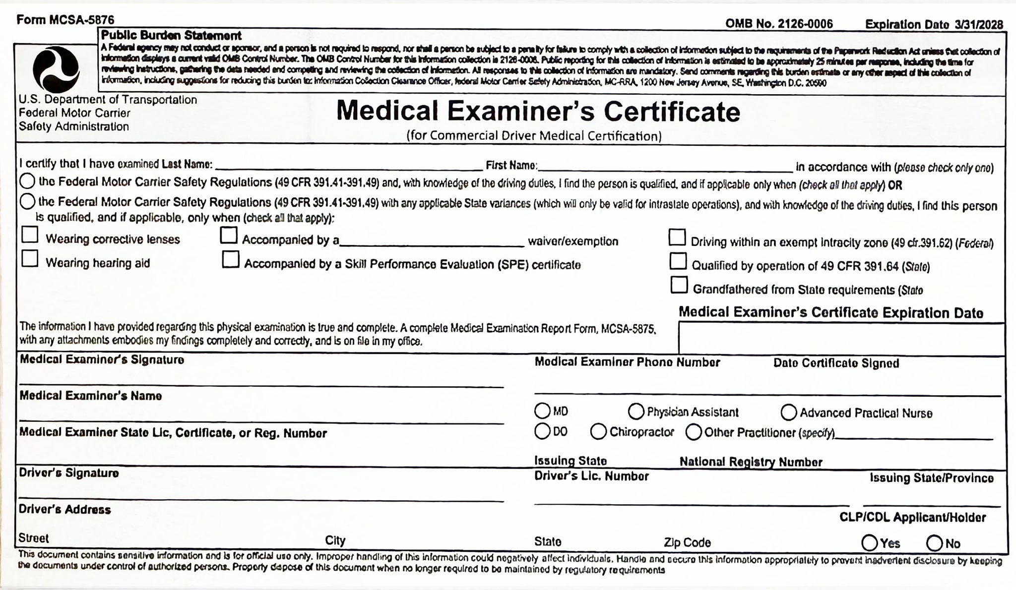 Medical Examiners MCSA-5876 Self-Laminating Certificate – Pass My Physical
