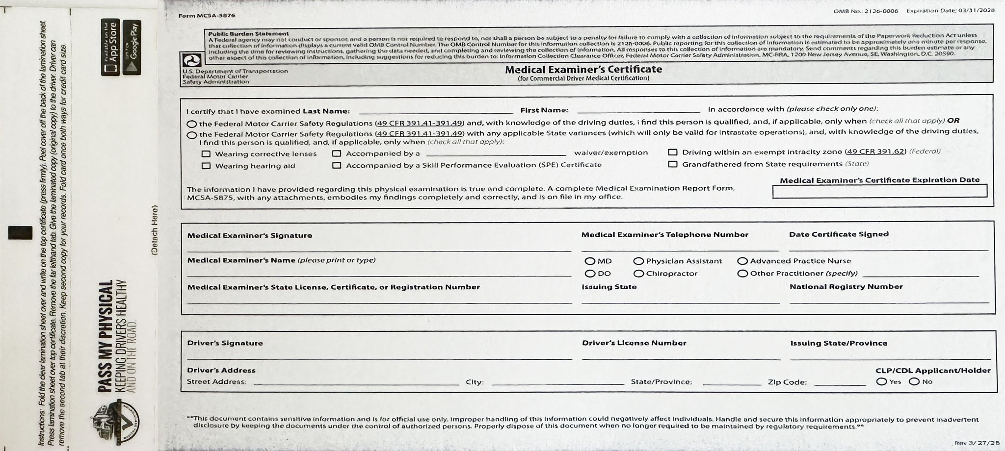 Medical Examiners MCSA-5876 Self-Laminating Certificate – Pass My Physical