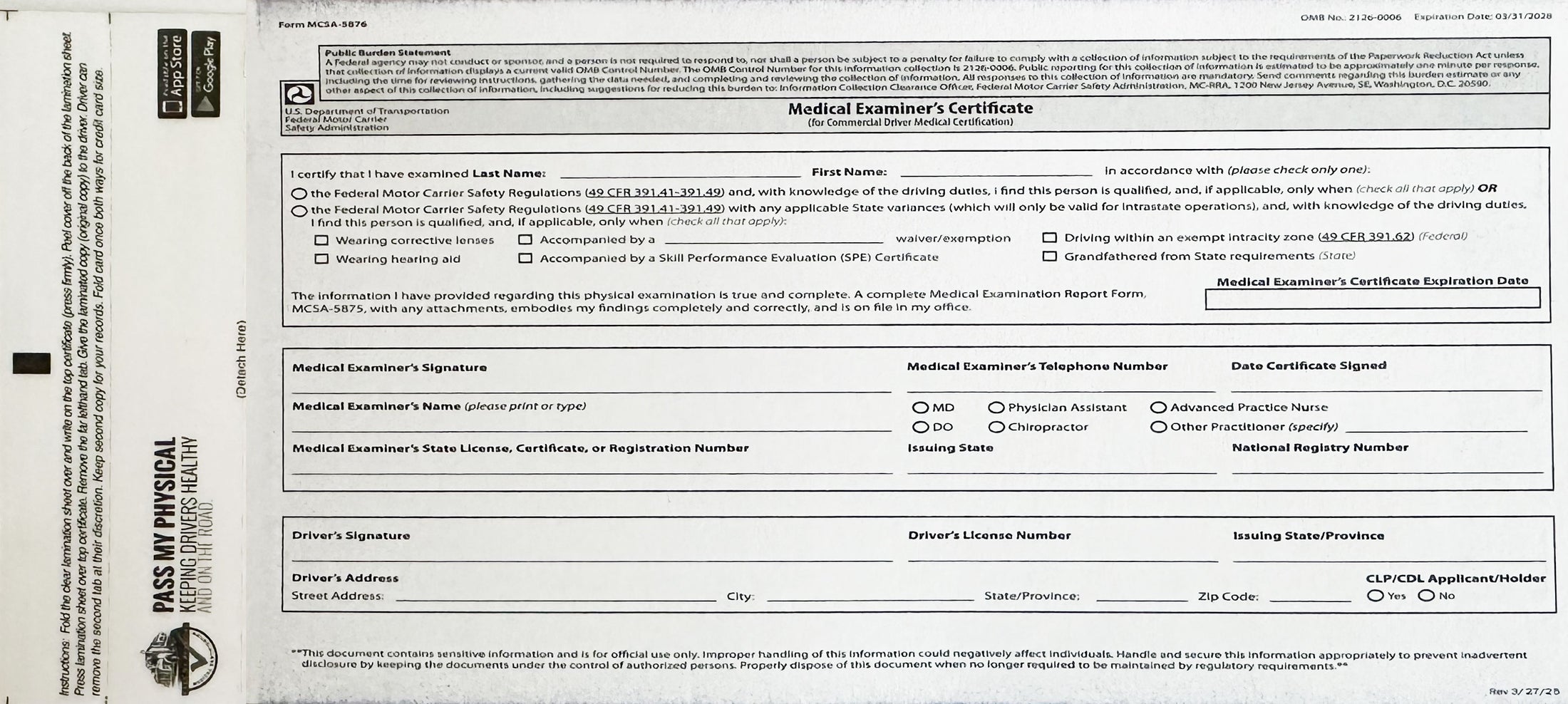 Medical Examiners MCSA-5876 Self-Laminating Certificate – Pass My Physical