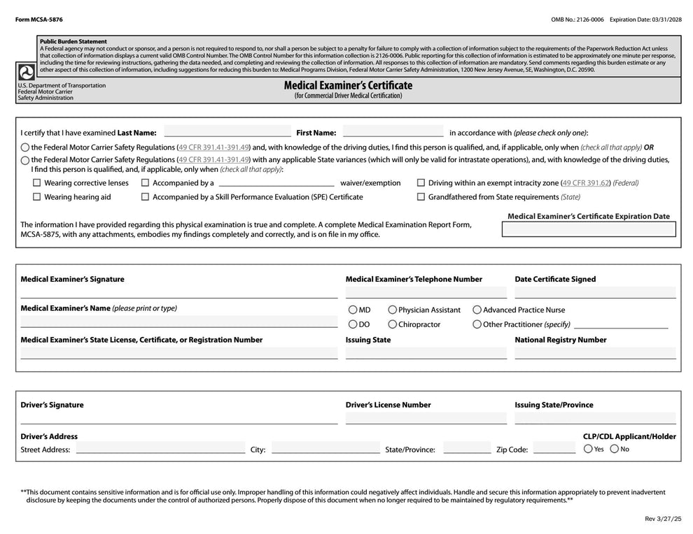 Medical Examiners MCSA-5876 Self-Laminating Certificate – Pass My Physical